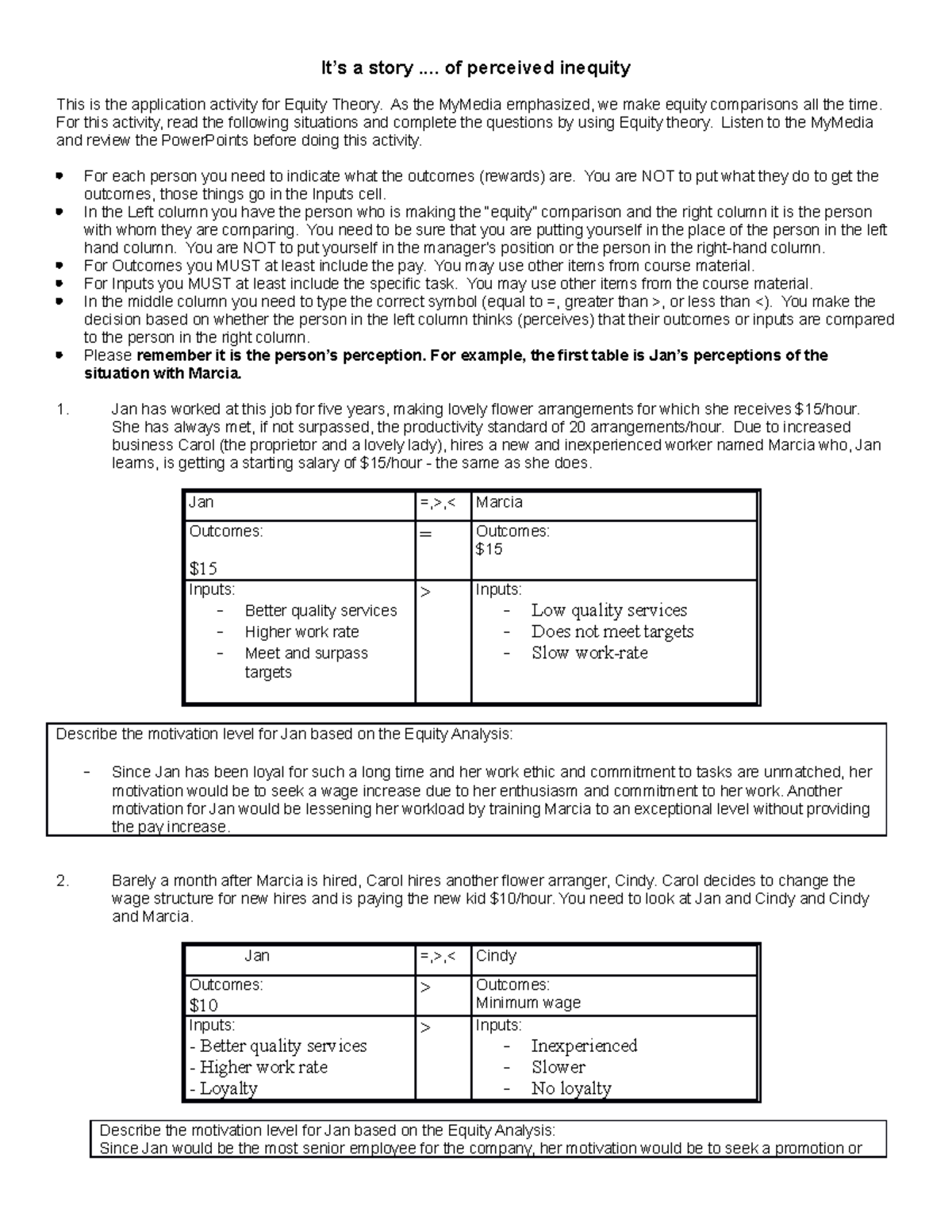 Equity Theory Worksheet - It’s a story .... of perceived inequity This ...