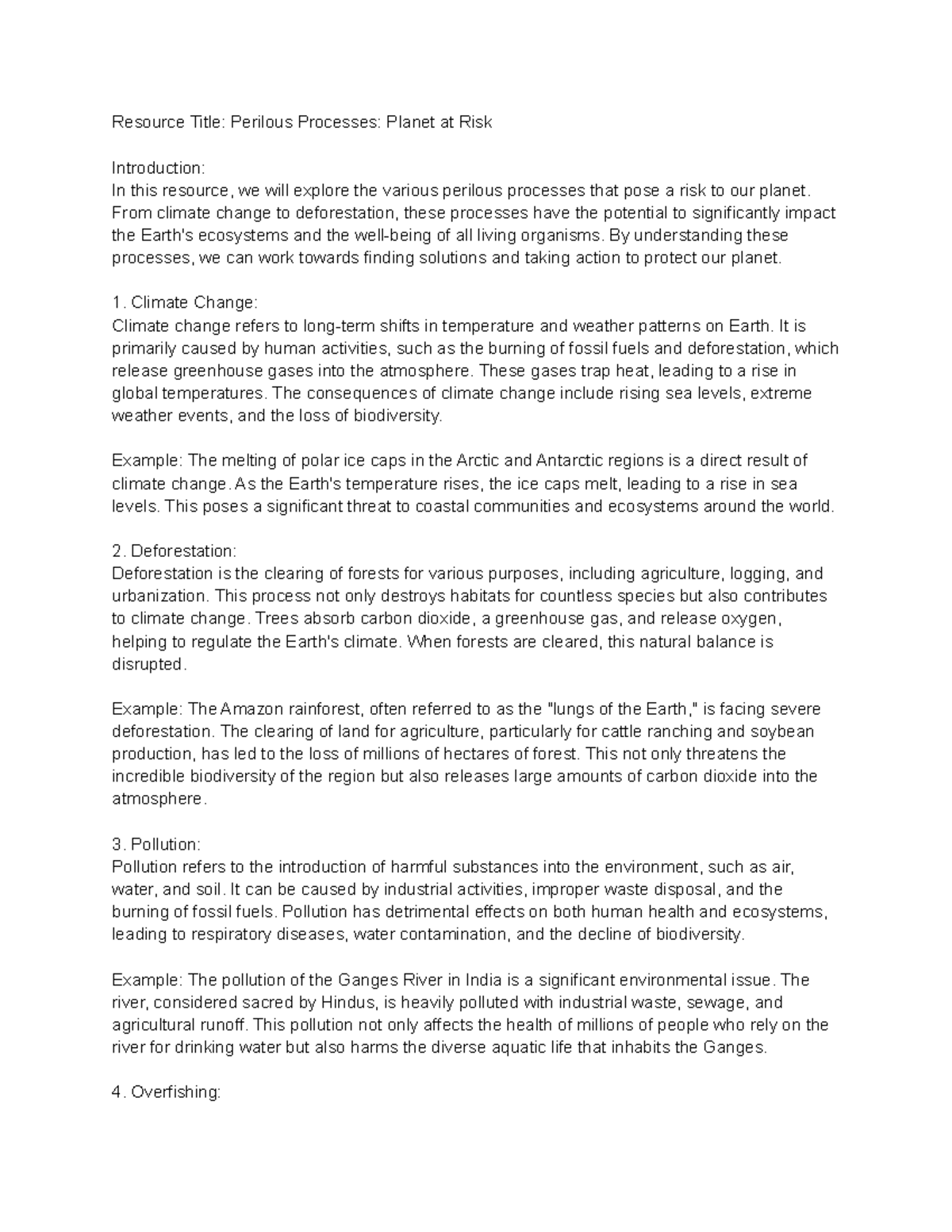 Resource Title Perilous Processes Planet at Risk - Resource Title ...