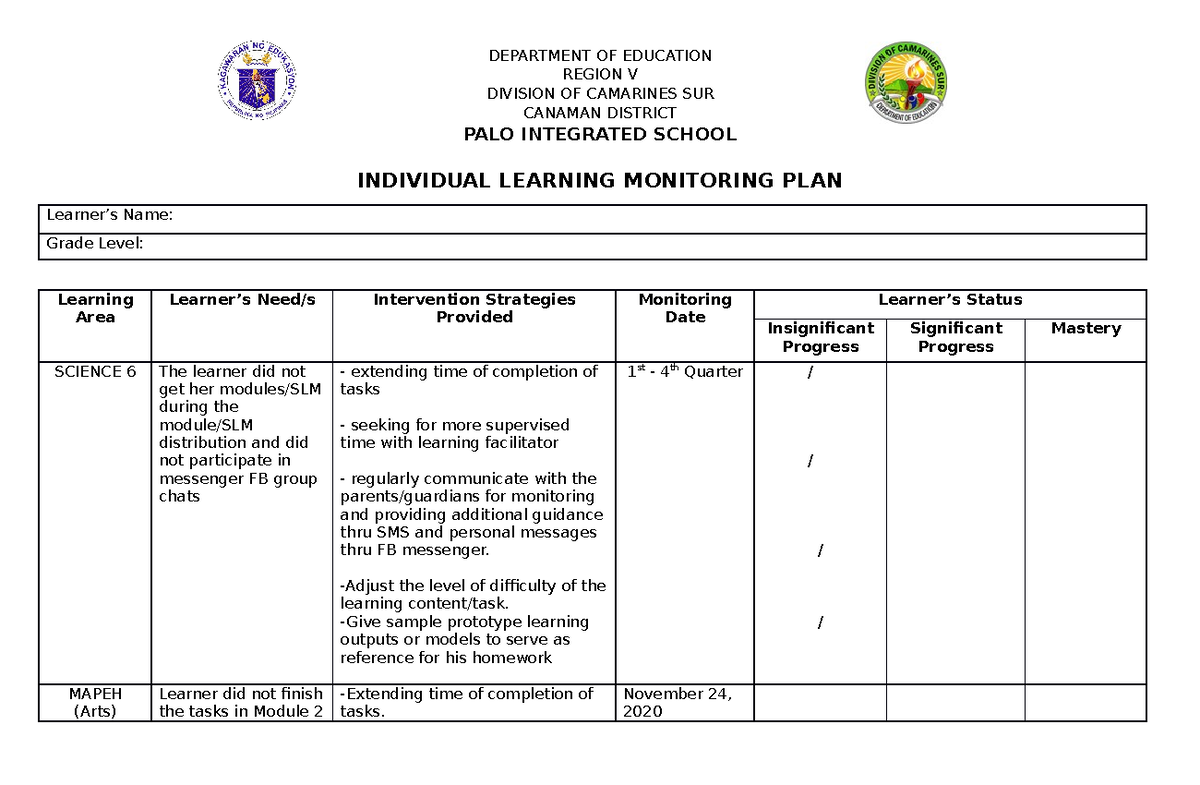 ILMP Sample - thank you - DEPARTMENT OF EDUCATION REGION V DIVISION OF CAMARINES SUR CANAMAN ...