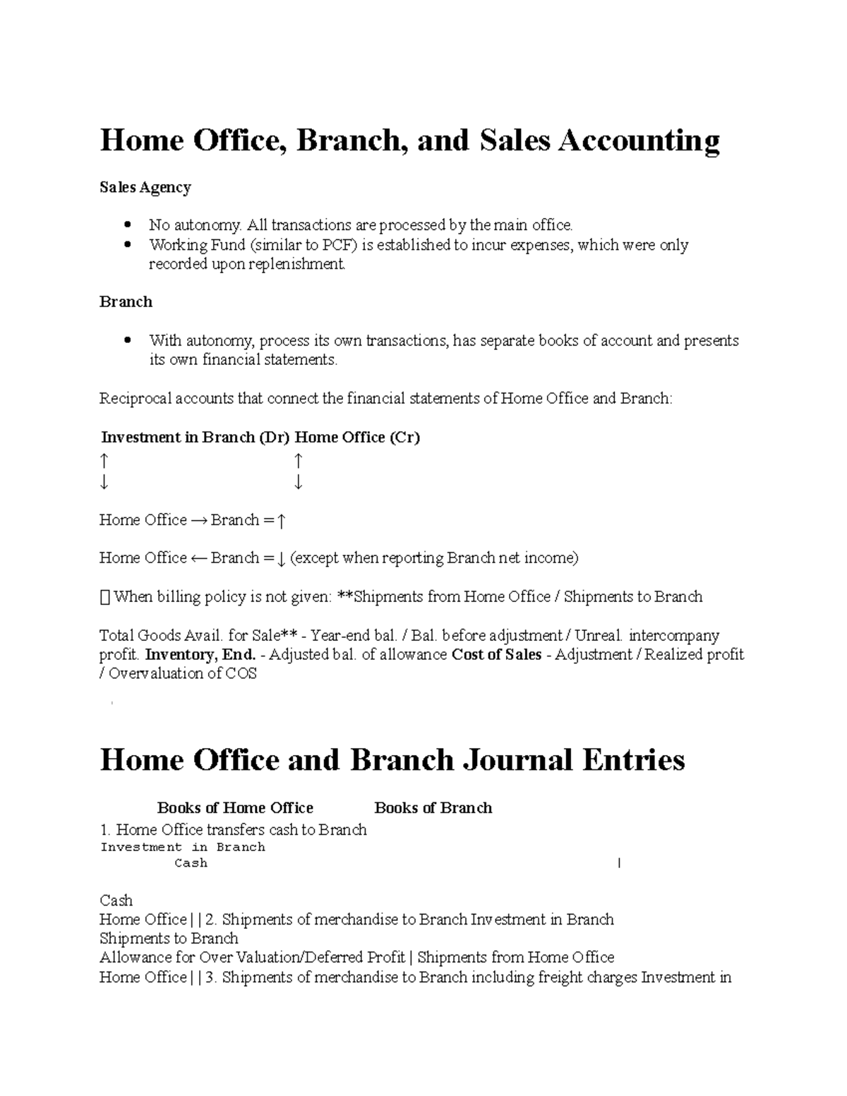 Home Office, Branch and Sales Accounting - All transactions are ...