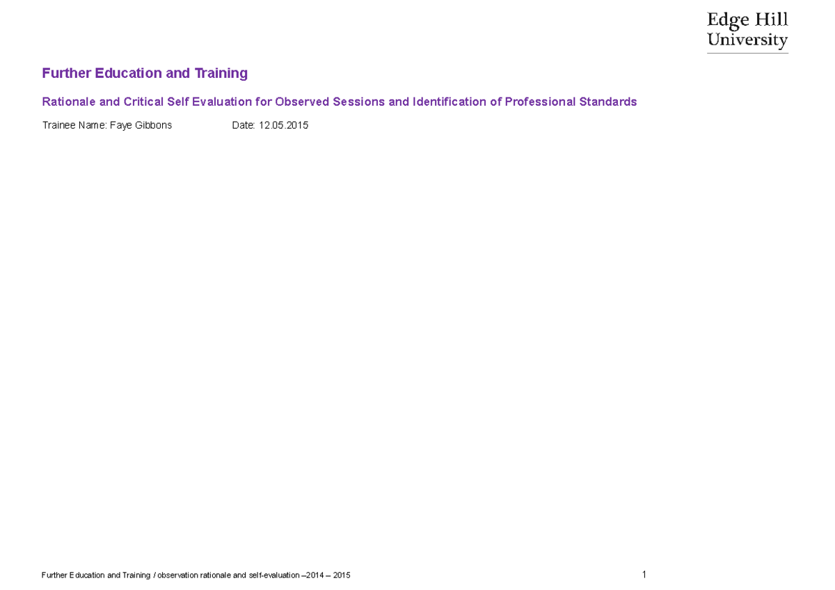Rationale and Critical Self Evaluation - Further Education and Training ...