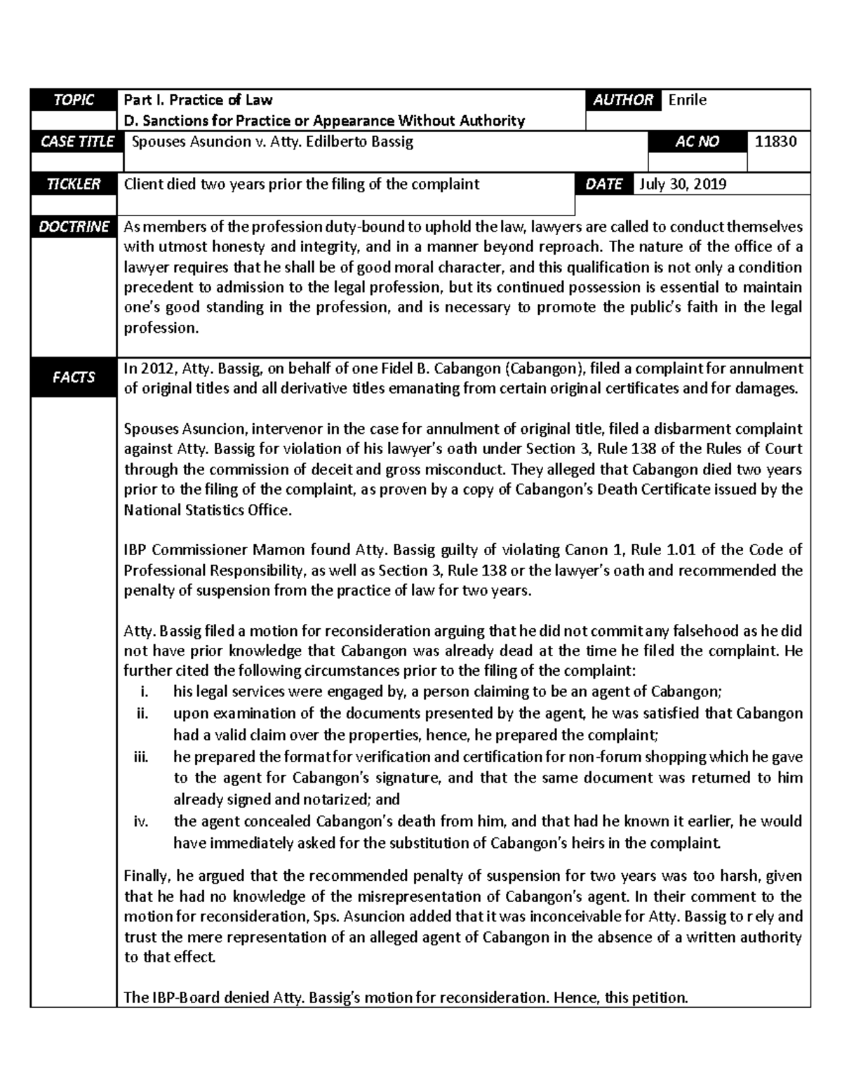 36. PALE Asuncion vs Basig - TOPIC Part I. Practice of Law D. Sanctions ...