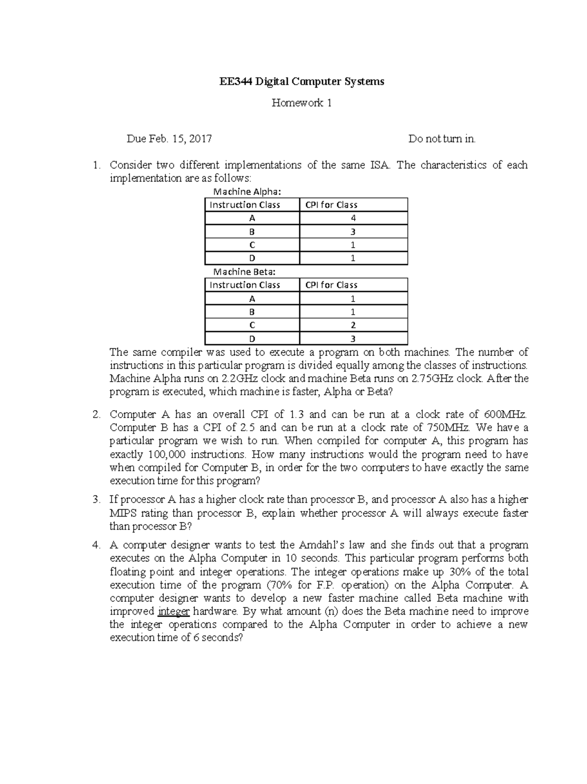 Hw1 - Hw1 - EE344 Digital Computer Systems Homework 1 Due Feb. 15, 2017 ...
