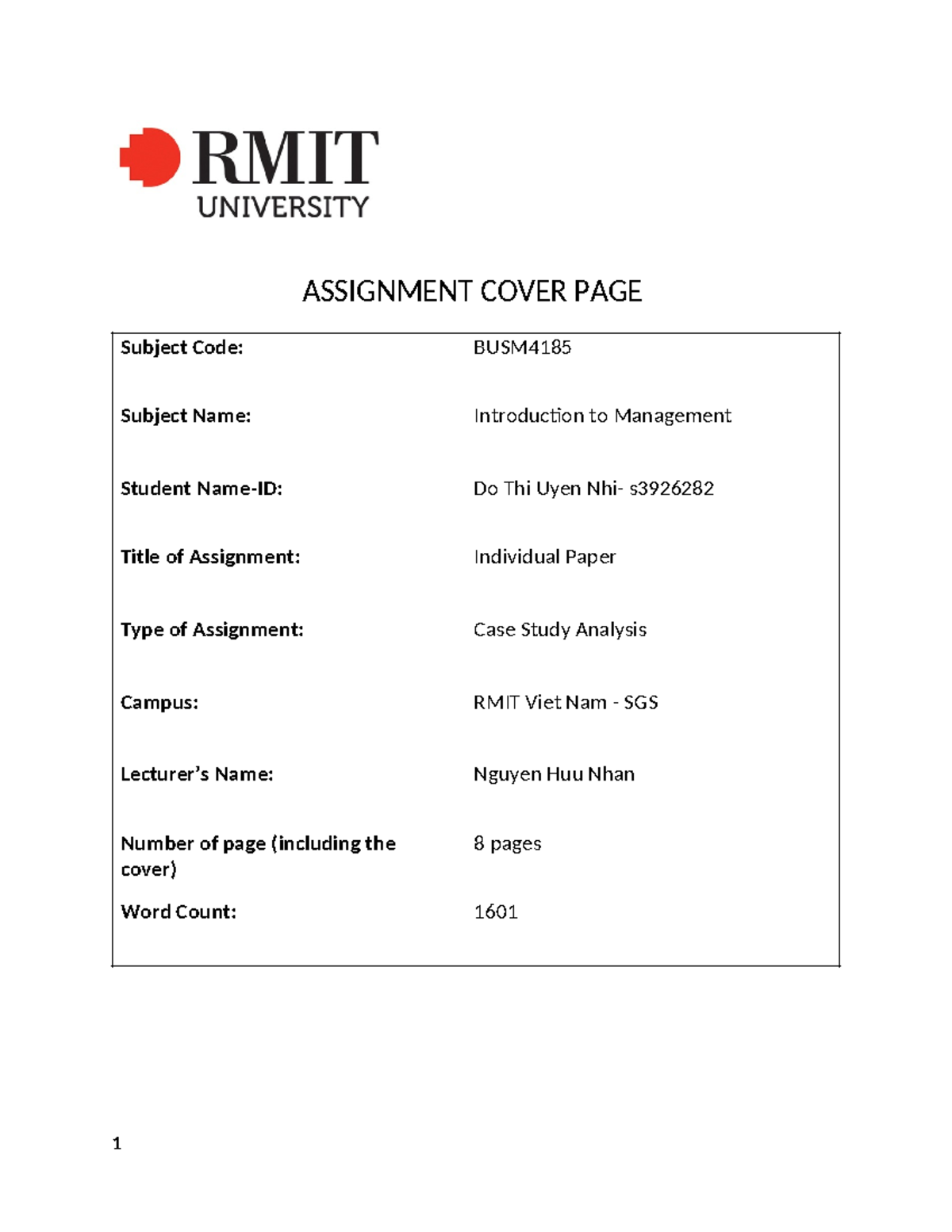 SGS-ITM- Outdoors-2021 - ASSIGNMENT COVER PAGE Subject Code: BUSM Subject Name: Introduction to ...
