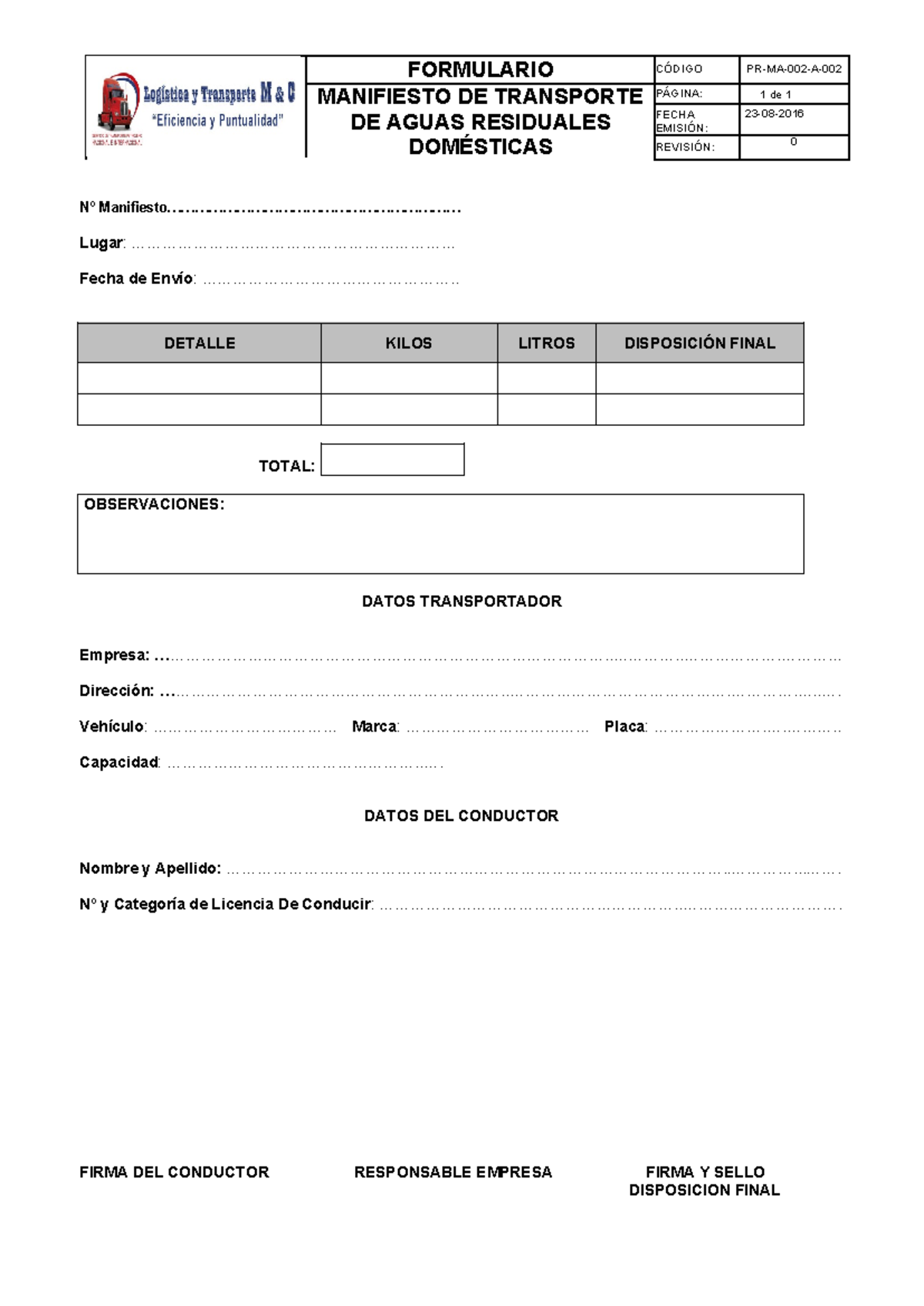 PR-MA-002-A-02 Manifiesto DE Residuos - FORMULARIO CÓDIGO PR-MA-002-A ...