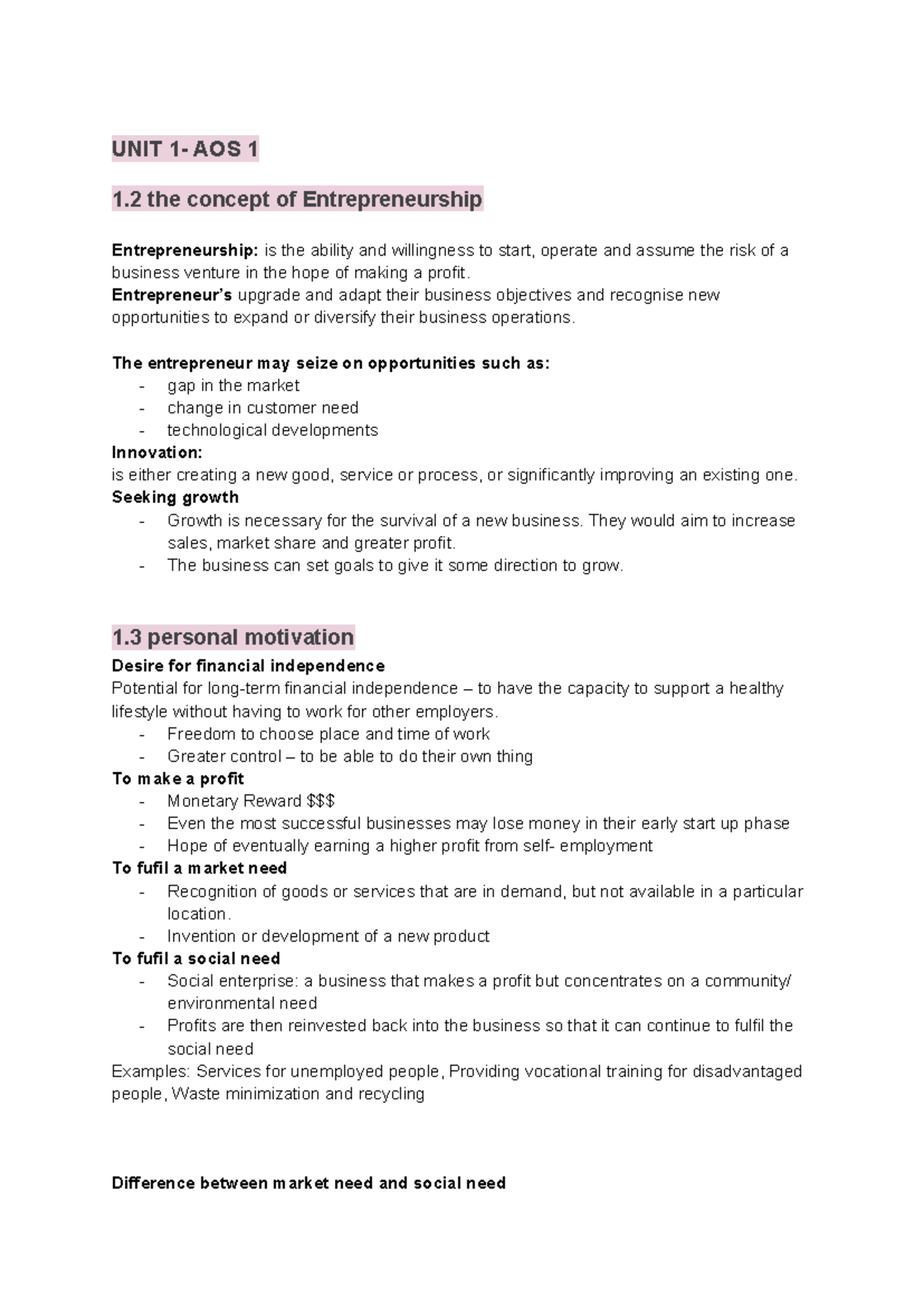 Business Managment Unit 1 Exam - UNIT 1- AOS 1 1 the concept of ...