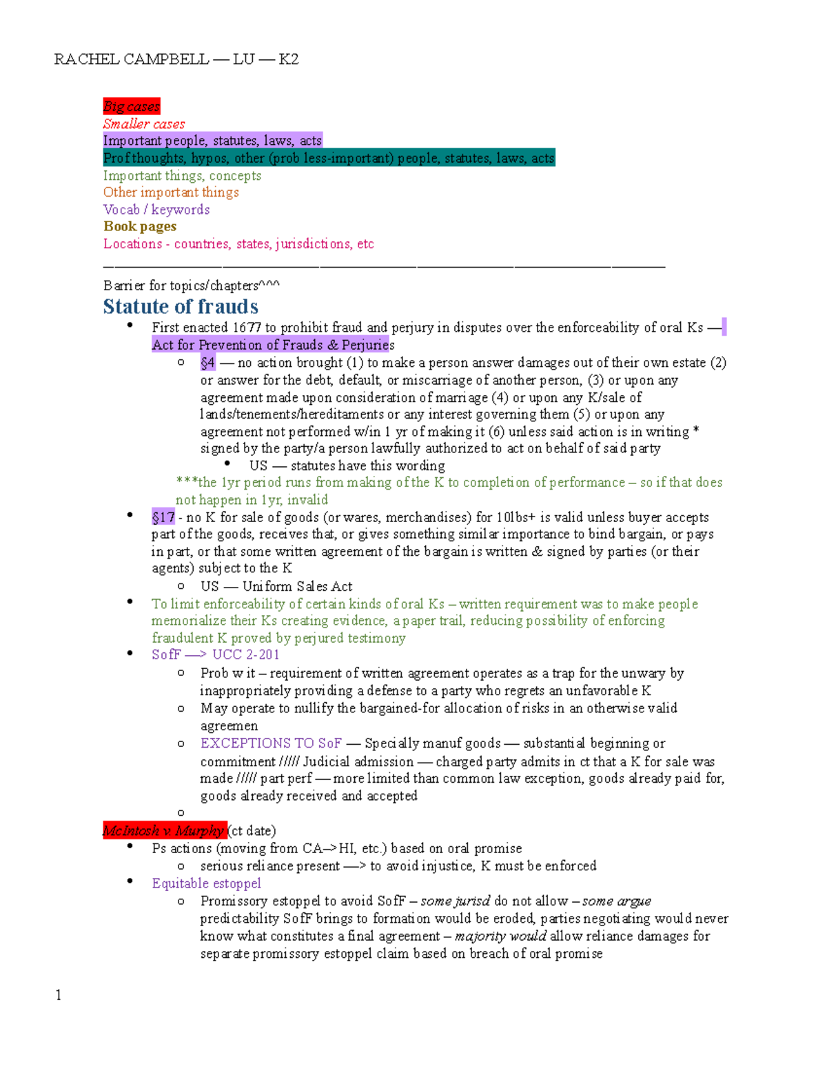 K2 outline example - Big cases Smaller cases Important people, statutes ...