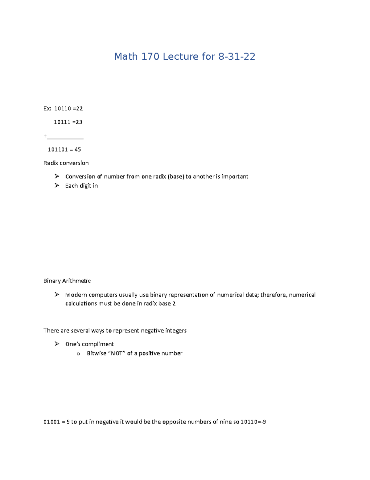 Math 170 Lecture for 8-31-22 - Math 170 Lecture for 8-31- Ex: 10110 ...