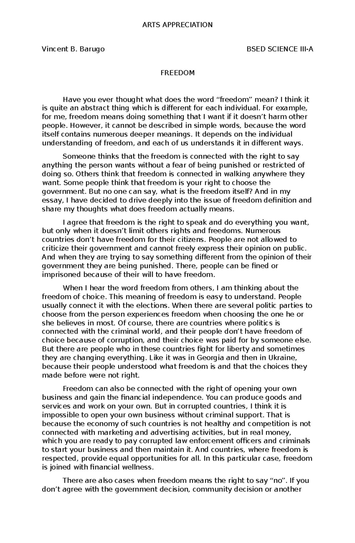 3 Freedom - Reaction Paper - ARTS APPRECIATION Vincent B. Barugo BSED ...