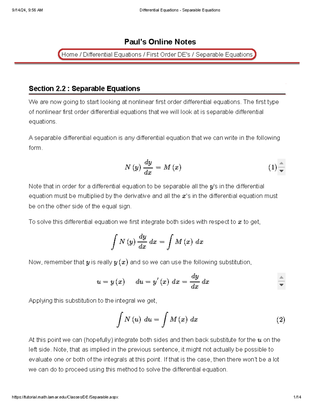 Differential Equations Separable Equations Pauls Online Notes Home