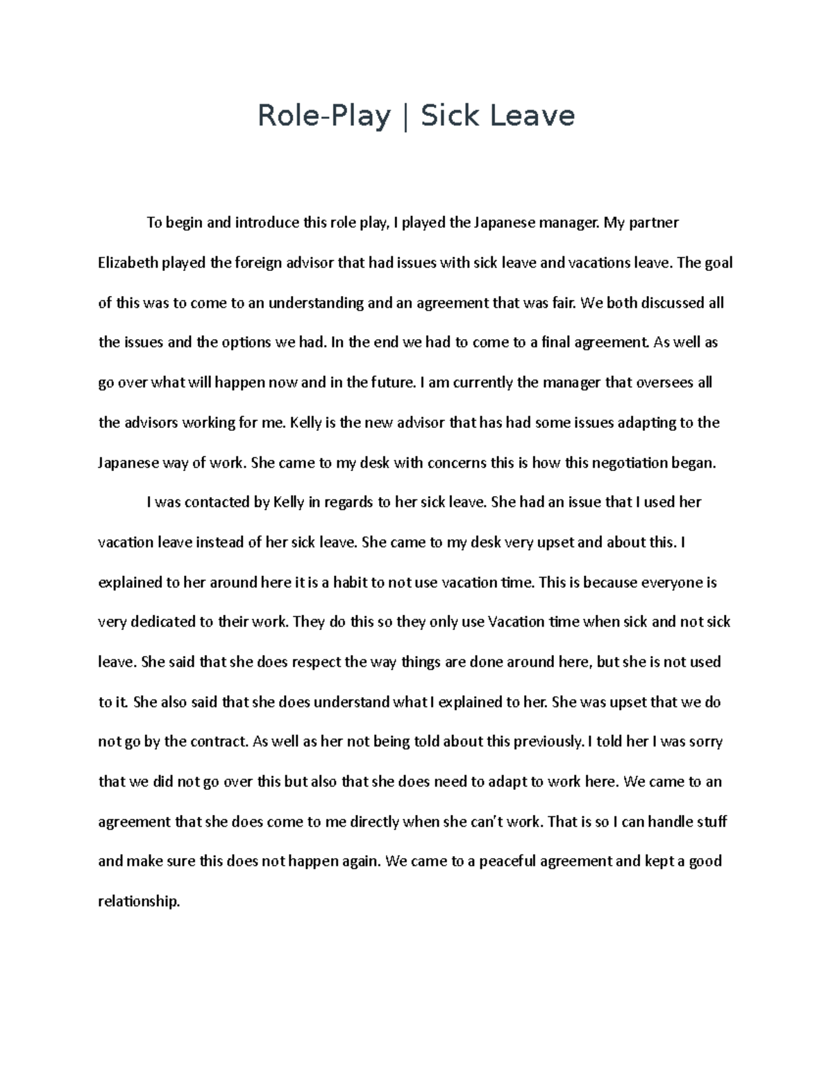 Role-play sick leave-1 - Role-Play | Sick Leave To begin and introduce ...