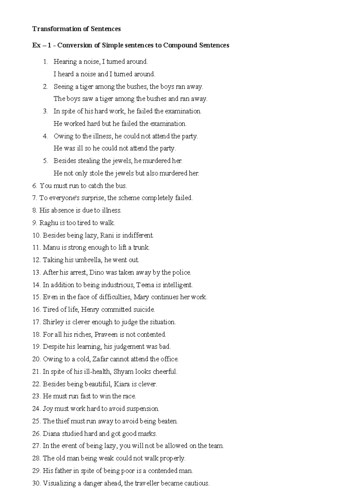 Transformation - 1 - Simple - Compound - Transformation of Sentences Ex ...