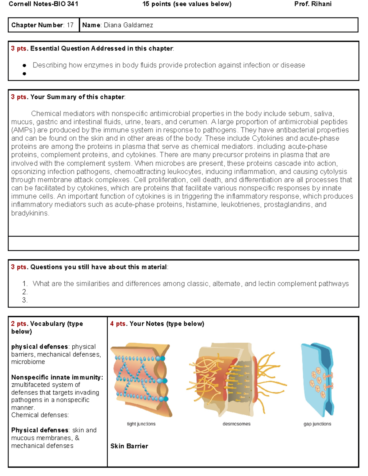 341 Cornell Notes CH 17 - Cornell Notes-BIO 341 15 points (see values ...