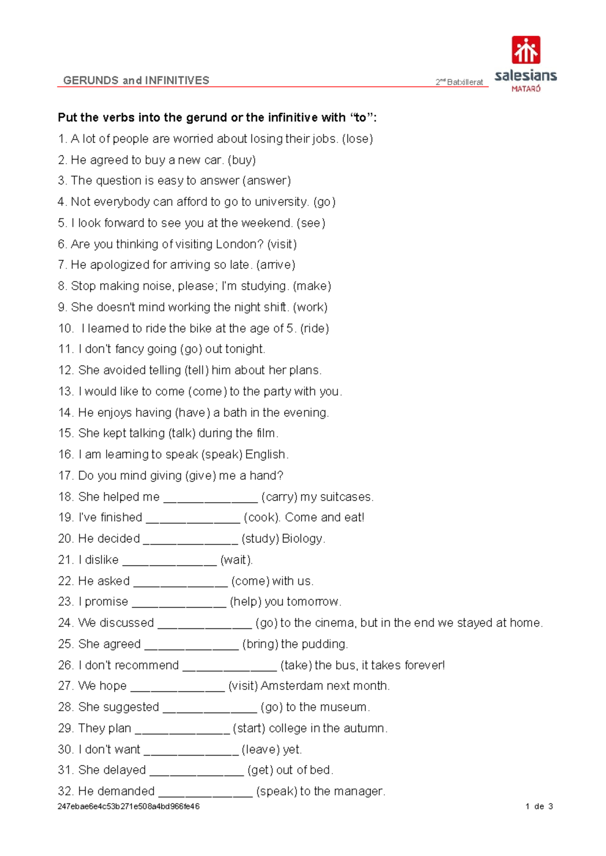 Gerunds and Infinitives exercises - GERUNDS and INFINITIVES 2 nd ...