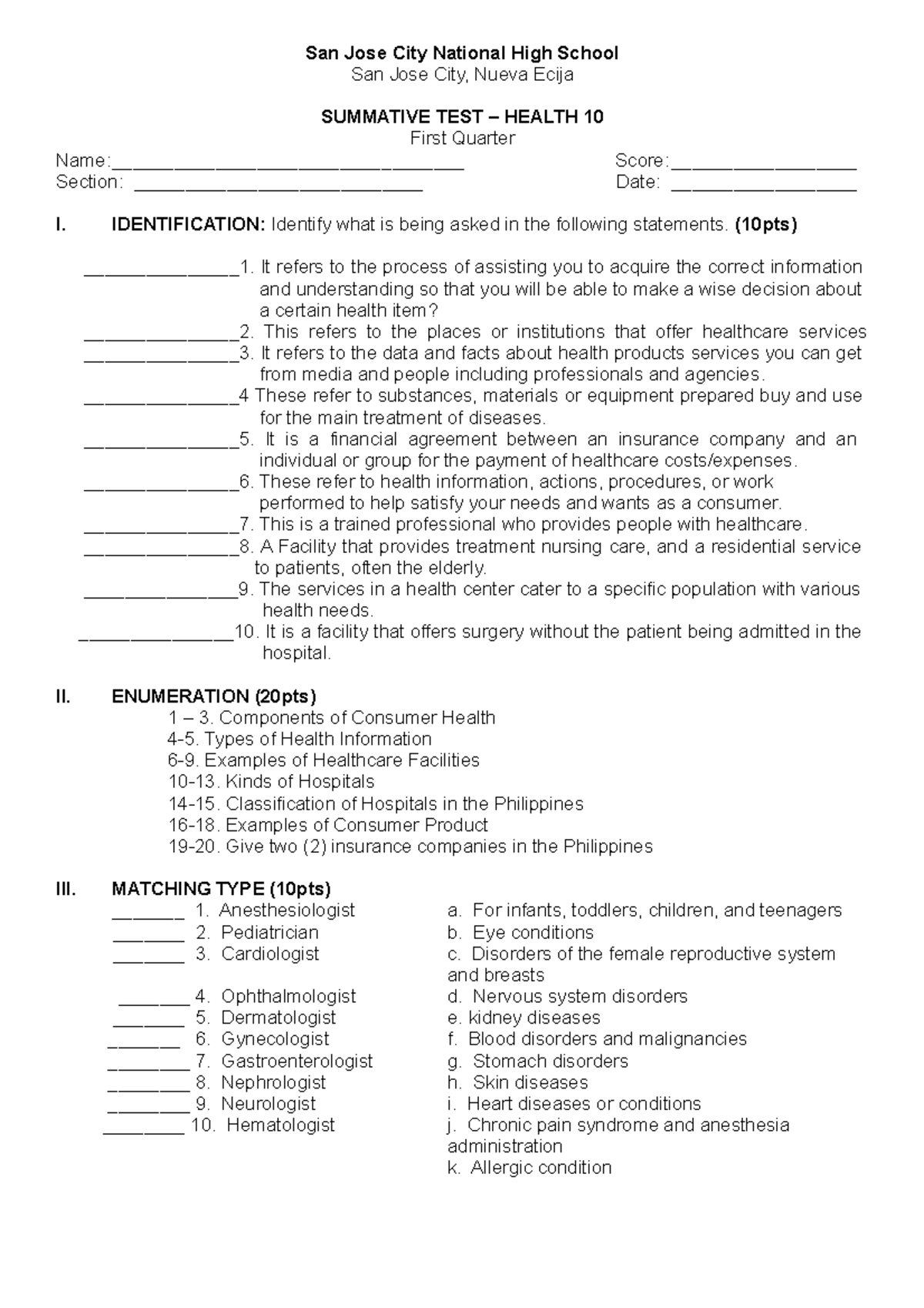 Summative-test-Health 1st-Quarter - San Jose City National High School ...