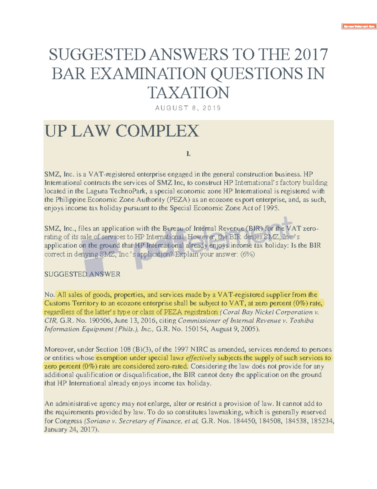2017 bar q and a tax - SUGGESTED ANSWERS TO THE 2017 BAR EXAMINATION ...