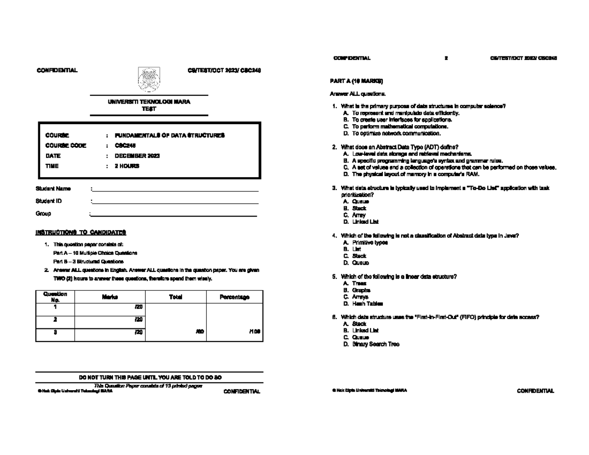 TEST OCT2023 - example test - CONFIDENTIAL 2 CSC248 CONFIDENTIAL CSC248 ...