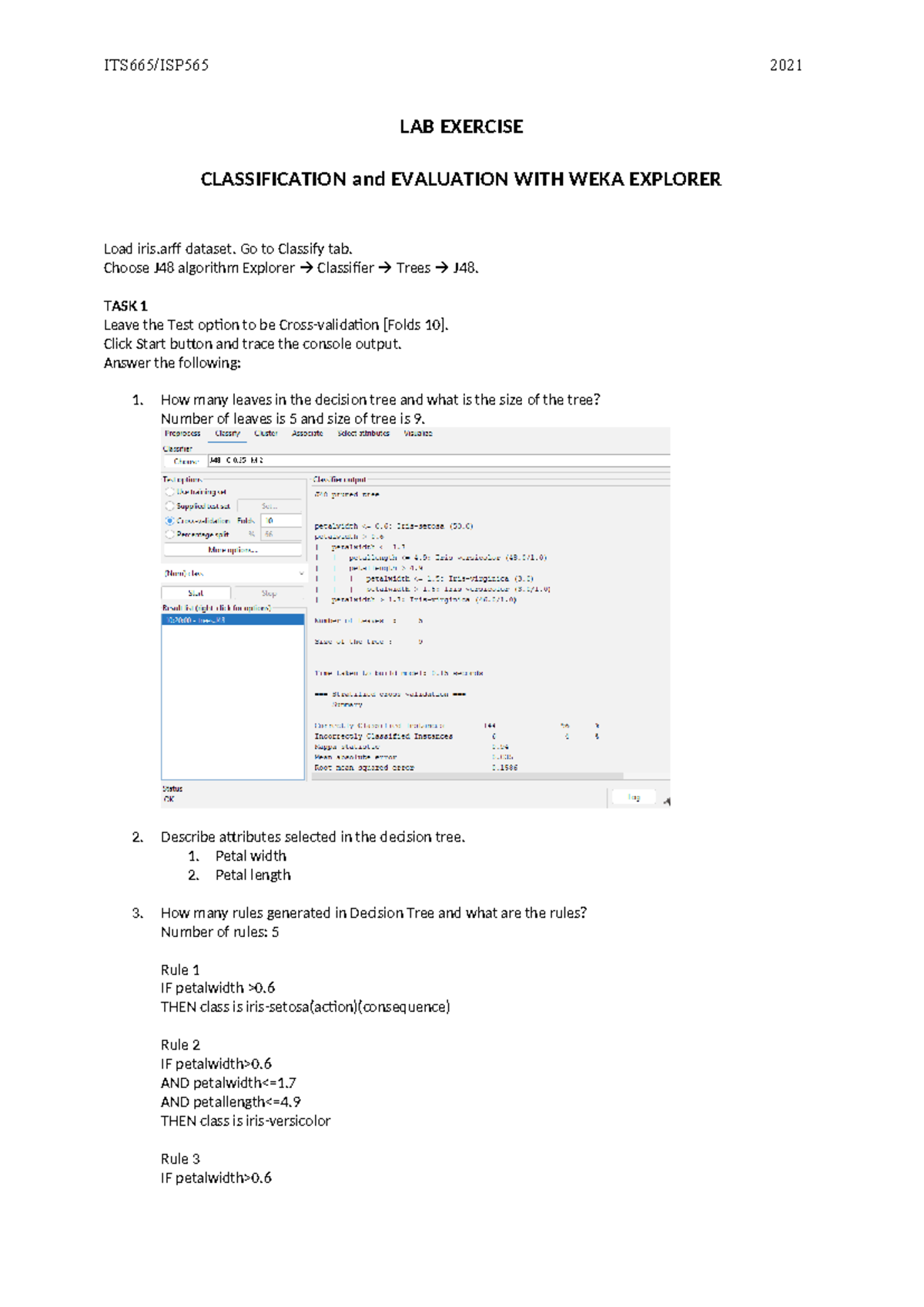 WEEK 7 - Classifier - ITS665 - LAB EXERCISE CLASSIFICATION and EVALUATION WITH WEKA EXPLORER ...