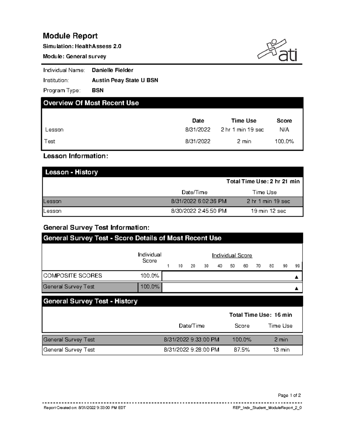 ATI Lab 2 - notes - Module Report Simulation: HealthAssess 2. Module ...