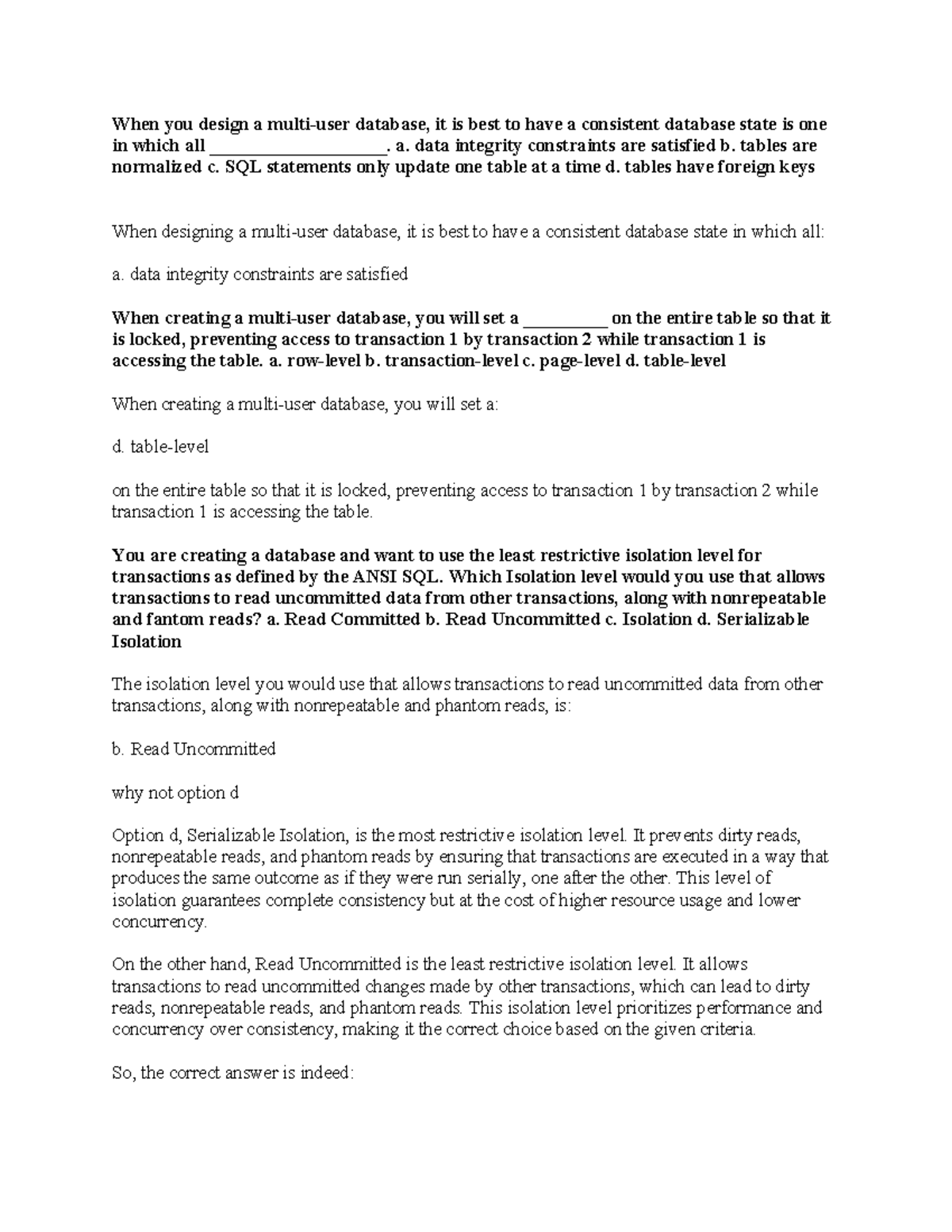 Quiz 6 - ABC Exam Review Notes - When you design a multi-user database ...