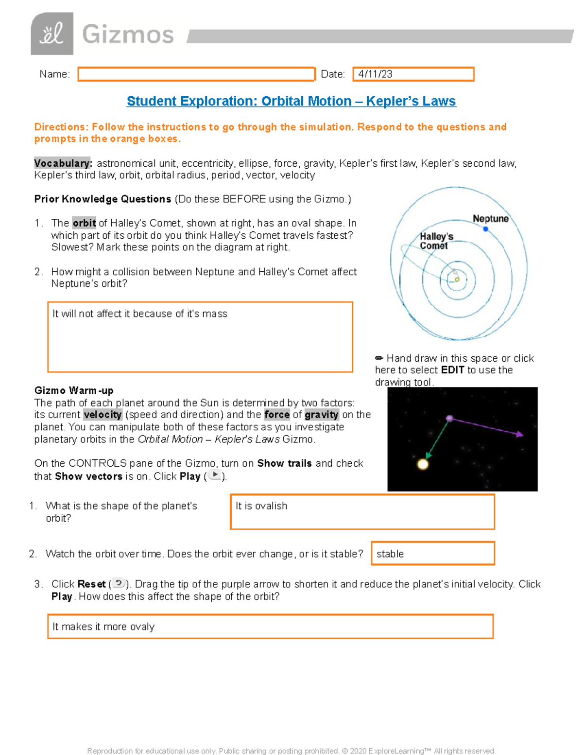Orbital Motion- physics - Name: Date: 4/11/ Student Exploration ...