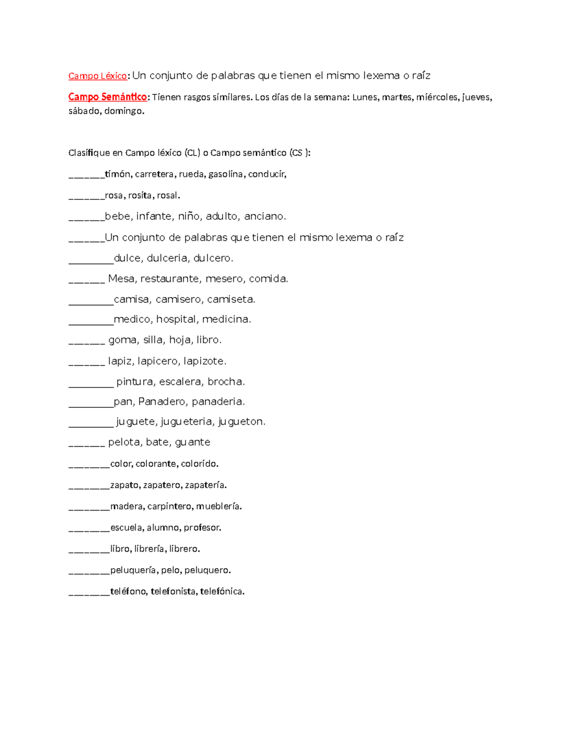 Campo Lexico y Campo Semantico - Campo Léxico: Un conjunto de palabras ...