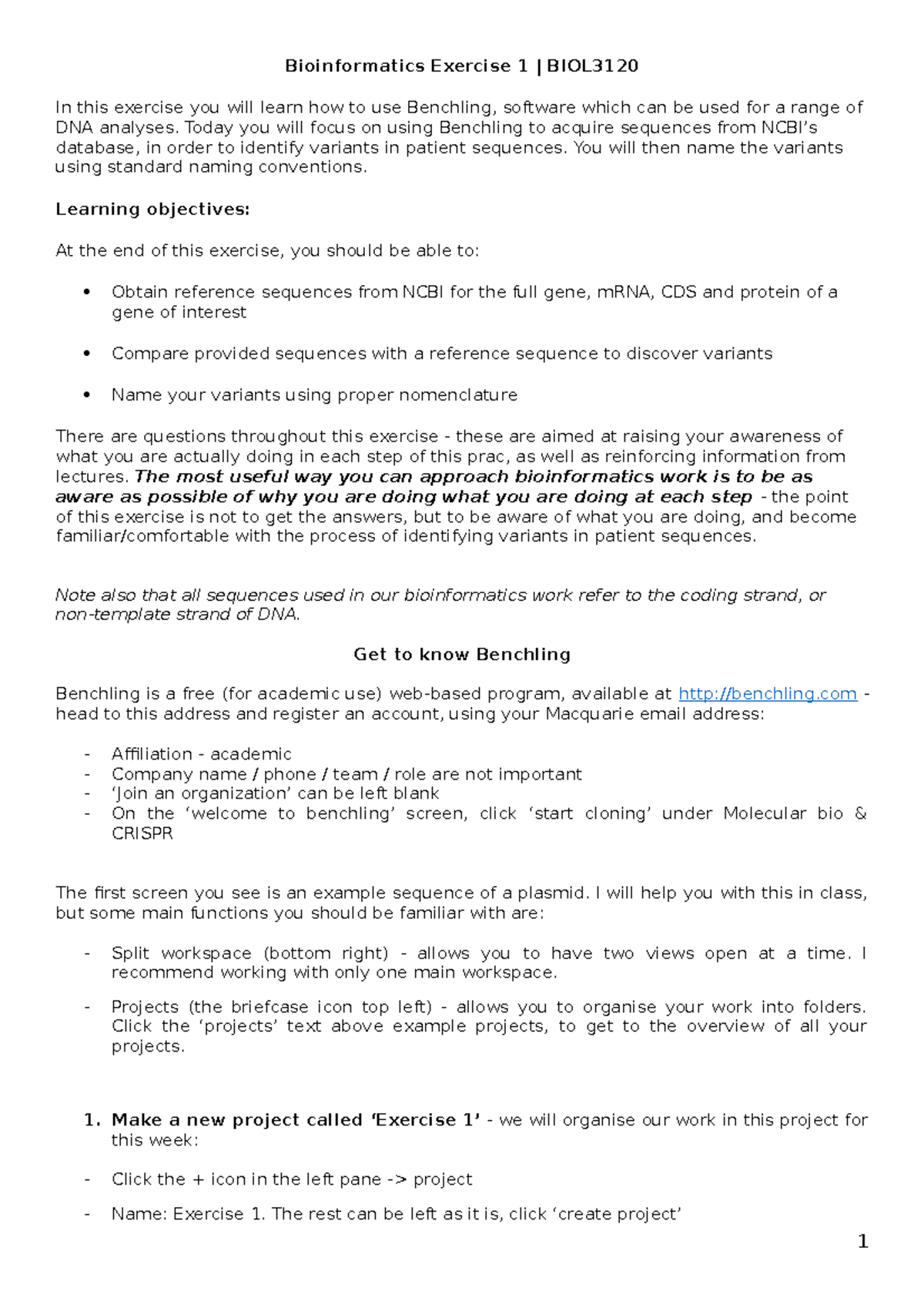 BIOL3120 Bioinformatics Exercise 1 2021 - Bioinformatics Exercise 1 ...