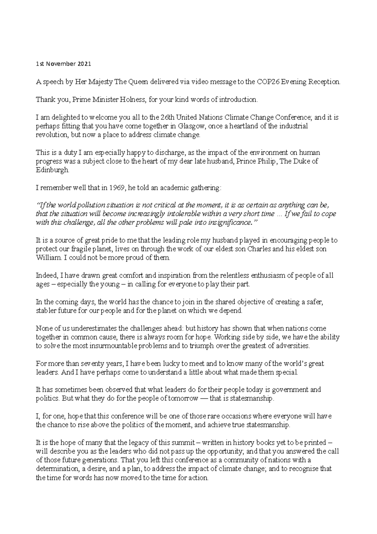 The Queens speech (elizabeth II) - 1st November 2021 A speech by Her ...