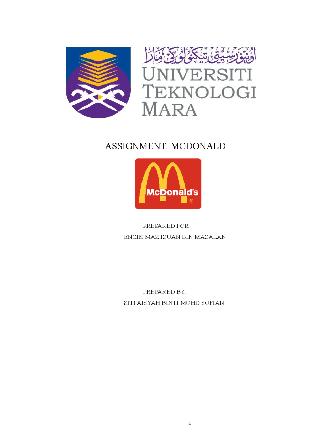 Assignment MGT Aisyah - Dimensions [ Mcdonald] - ASSIGNMENT: MCDONALD PREPARED FOR: ENCIK MAZ ...