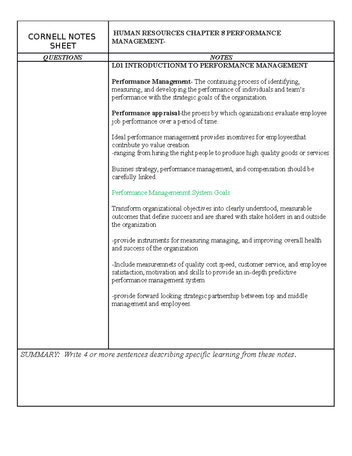 Human resources Chapter 8 - CORNELL NOTES SHEET HUMAN RESOURCES CHAPTER ...