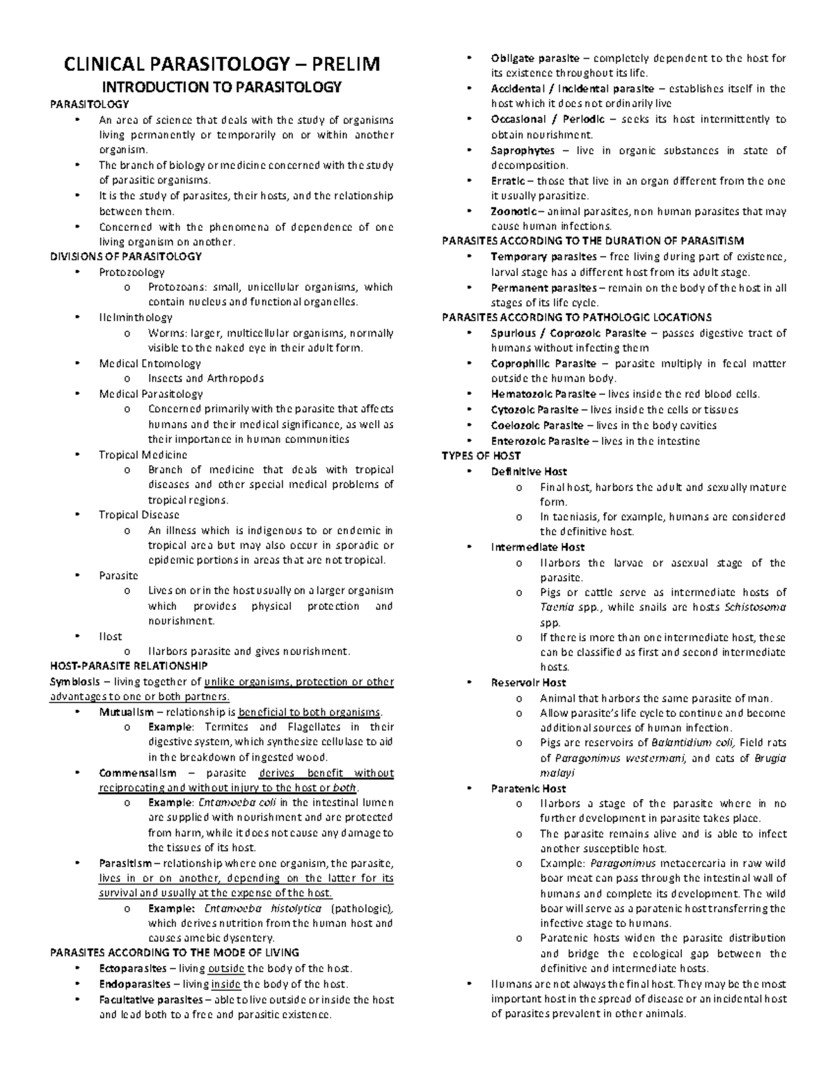 CLINICAL PARASITOLOGY - WEEK 1 - INTRODUCTION TO PARASITOLOGY ...