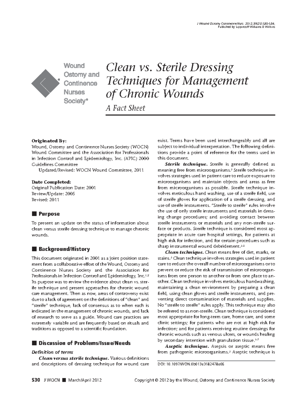 Clean vs sterile technique - S30 J WOCN March/April 2012 Copyright ...