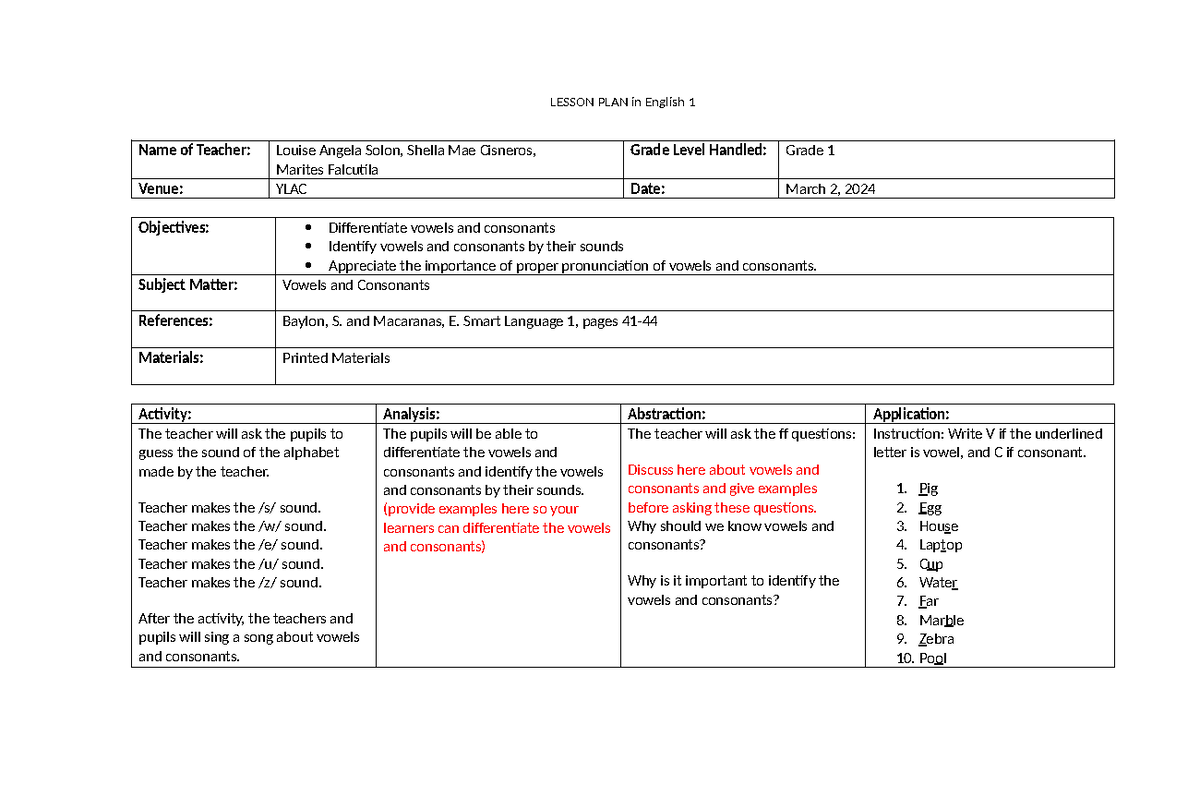 Grade 1 Lesson PLAN - LESSON PLAN in English 1 Name of Teacher: Louise ...