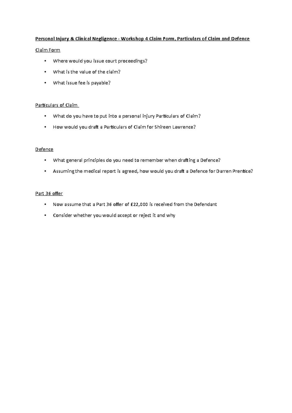 Workshop 4 Powerpoint Questions - Personal Injury & Clinical Negligence ...