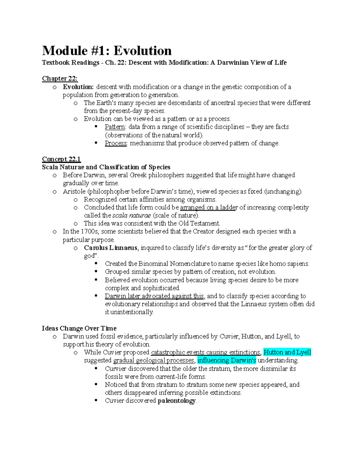 Module ^N1 - Recorded Lectures Week 11 and 12 - Module #1: Evolution Textbook Readings - Ch. 22 ...