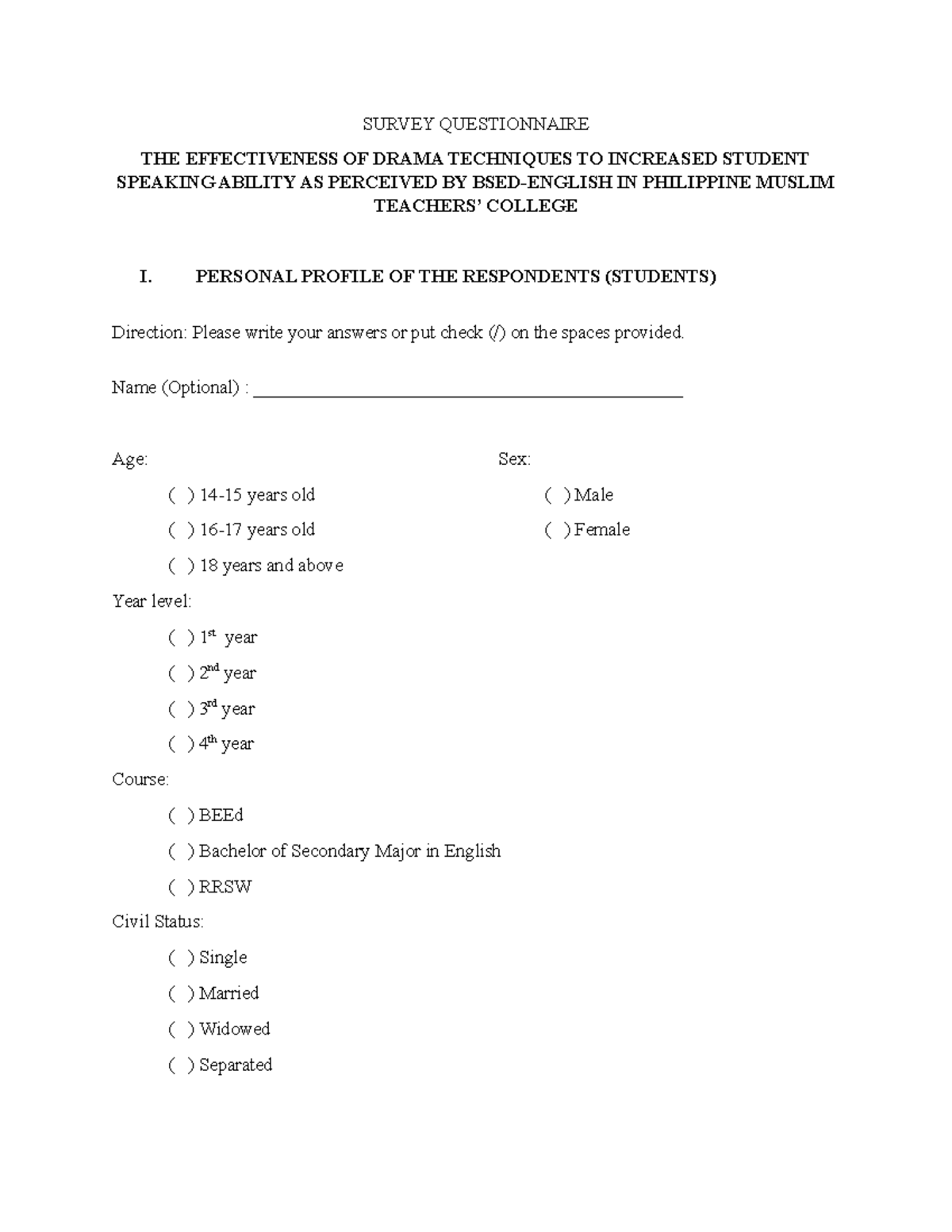 Survey Questionnaire - YOU CAN USEIT - SURVEY QUESTIONNAIRE THE ...