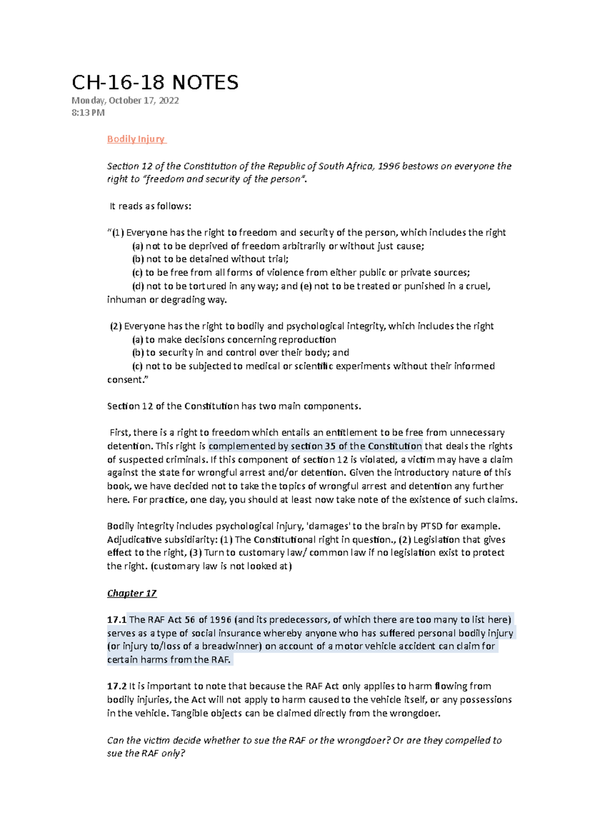 Delict CH-16-18 Notes 2022 - CH-16-18 NOTES Monday, October 17, 2022 8: ...