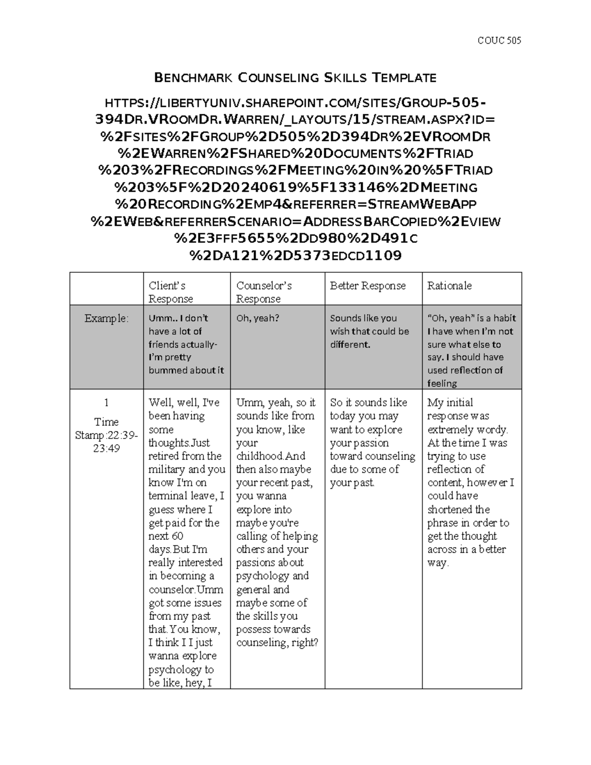 Benchmark Counseling Skills Template - BENCHMARK COUNSELING SKILLS ...