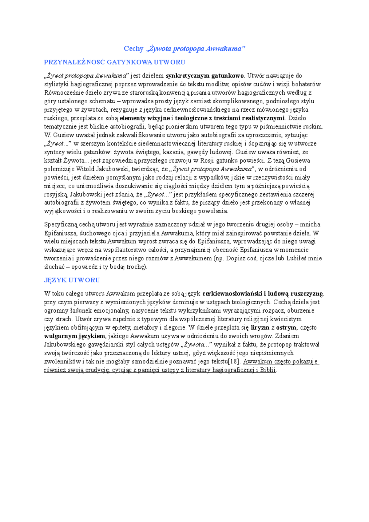Cechy "Żywota protopopa Awwakuma" - Cechy „ Żywota protopopa Awwakuma ...
