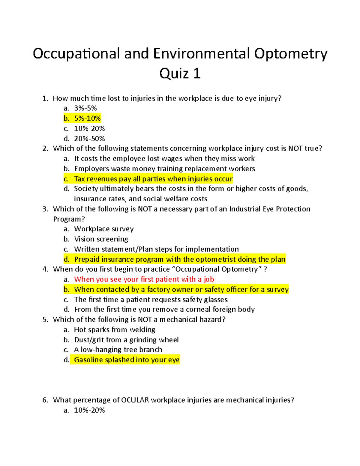 OCC Quiz1 2020 - lecture notes - Occupational and Environmental ...