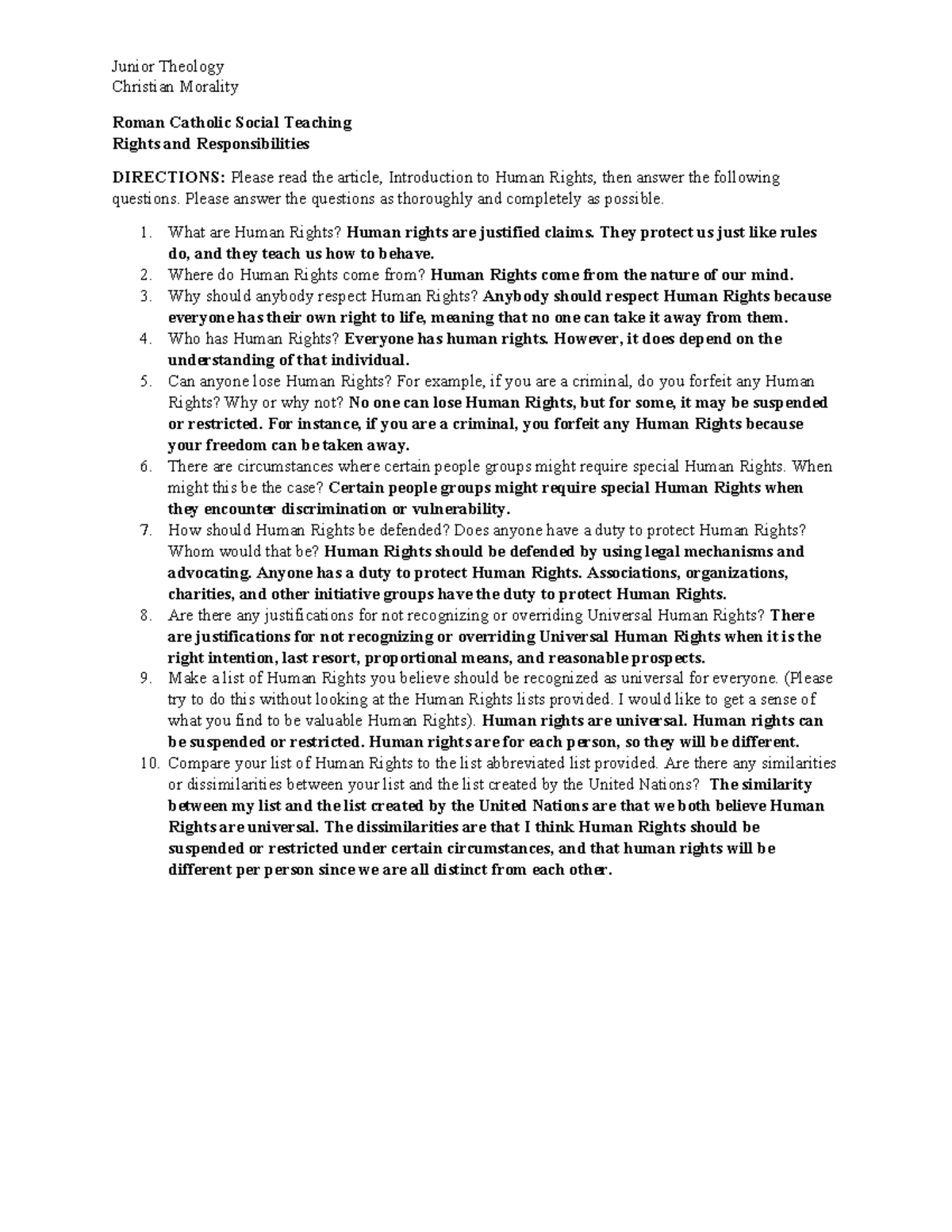 Homework #2 Human Rights - Junior Theology Christian Morality Roman ...