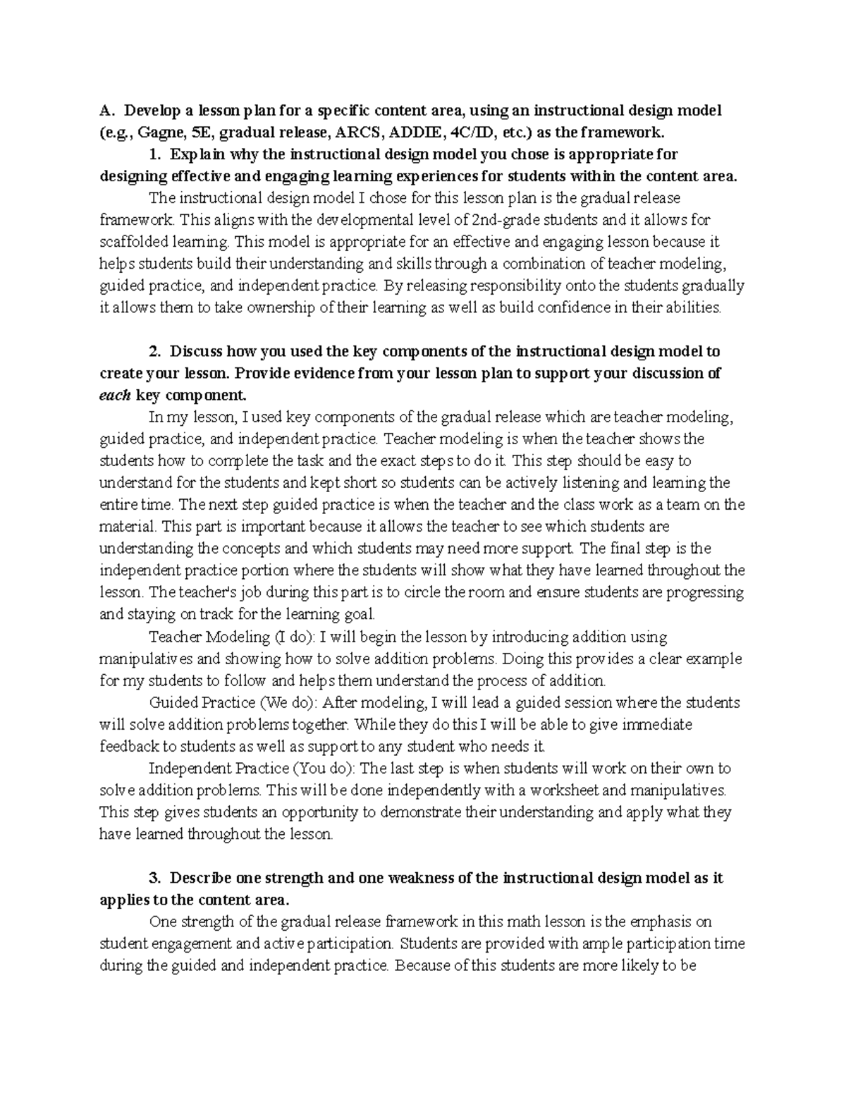 Applying Intructional Models - A. Develop a lesson plan for a specific content area, using an ...