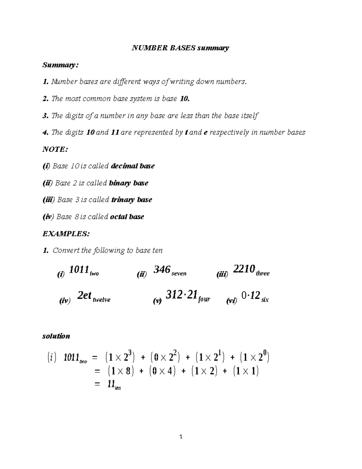 S.1 term 1 Mathematics Notes - NUMBER BASES summary Summary: Number ...