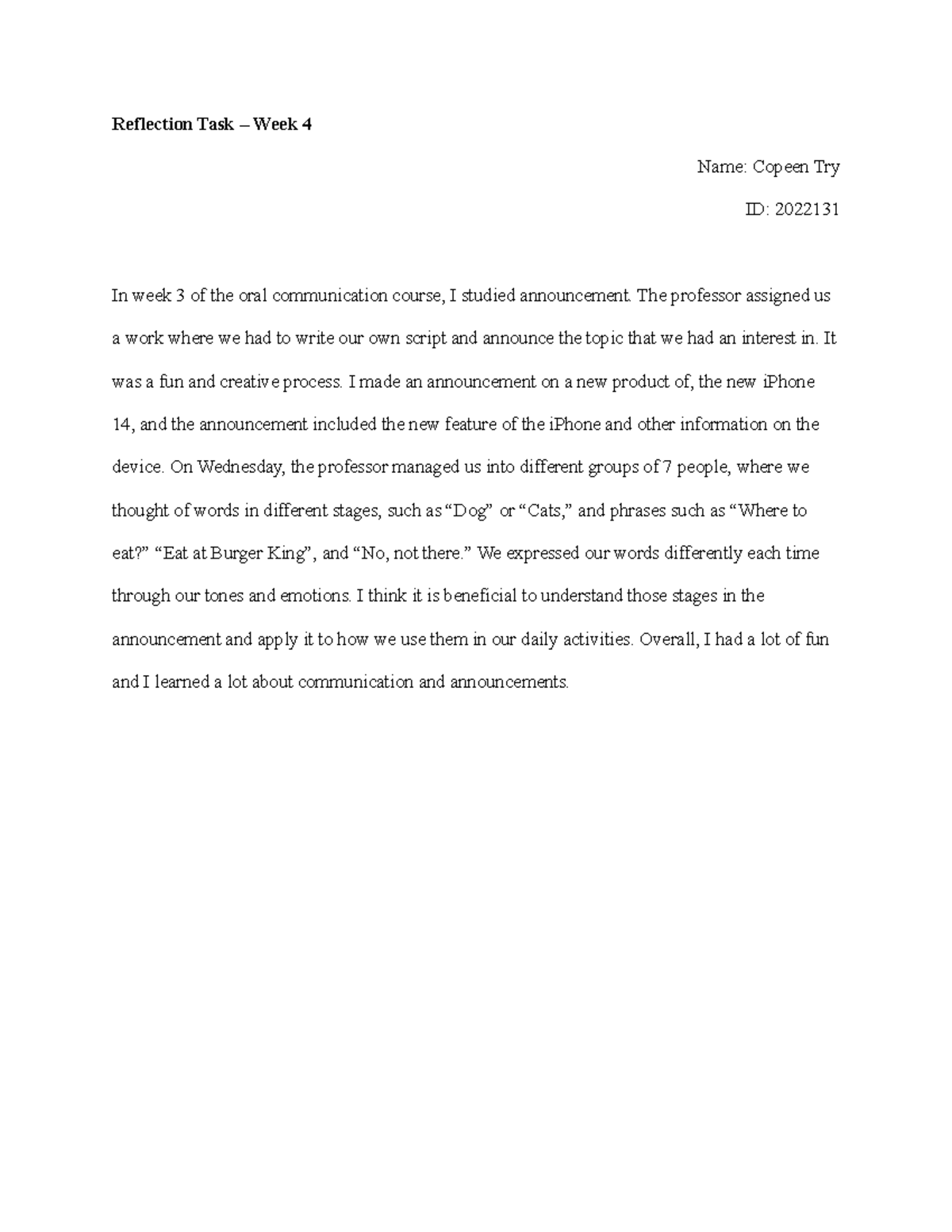 Reflection Task - week 1 - Reflection Task – Week 4 Name: Copeen Try ID ...