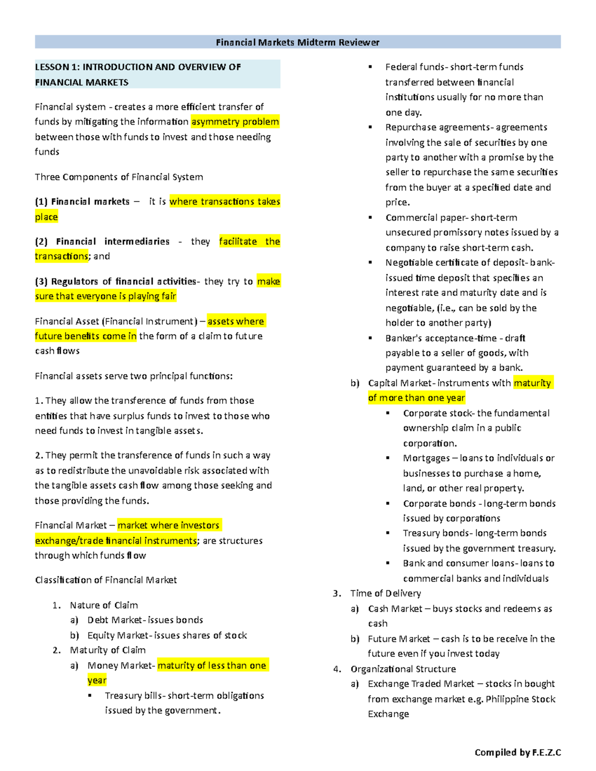 Financial Markets Midterm Reviewer - They permit the transference of ...