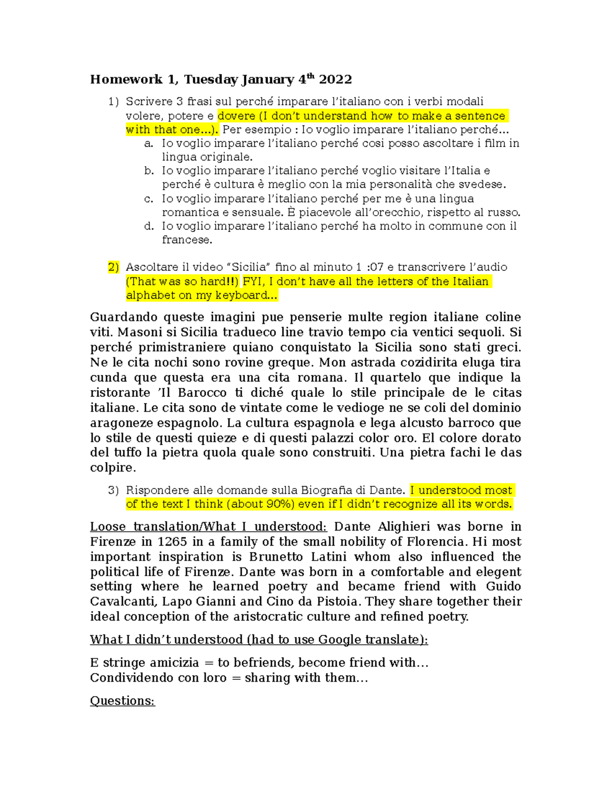 Italian Homework 1 - Un esercizio da dare in classe. - Homework 1 ...