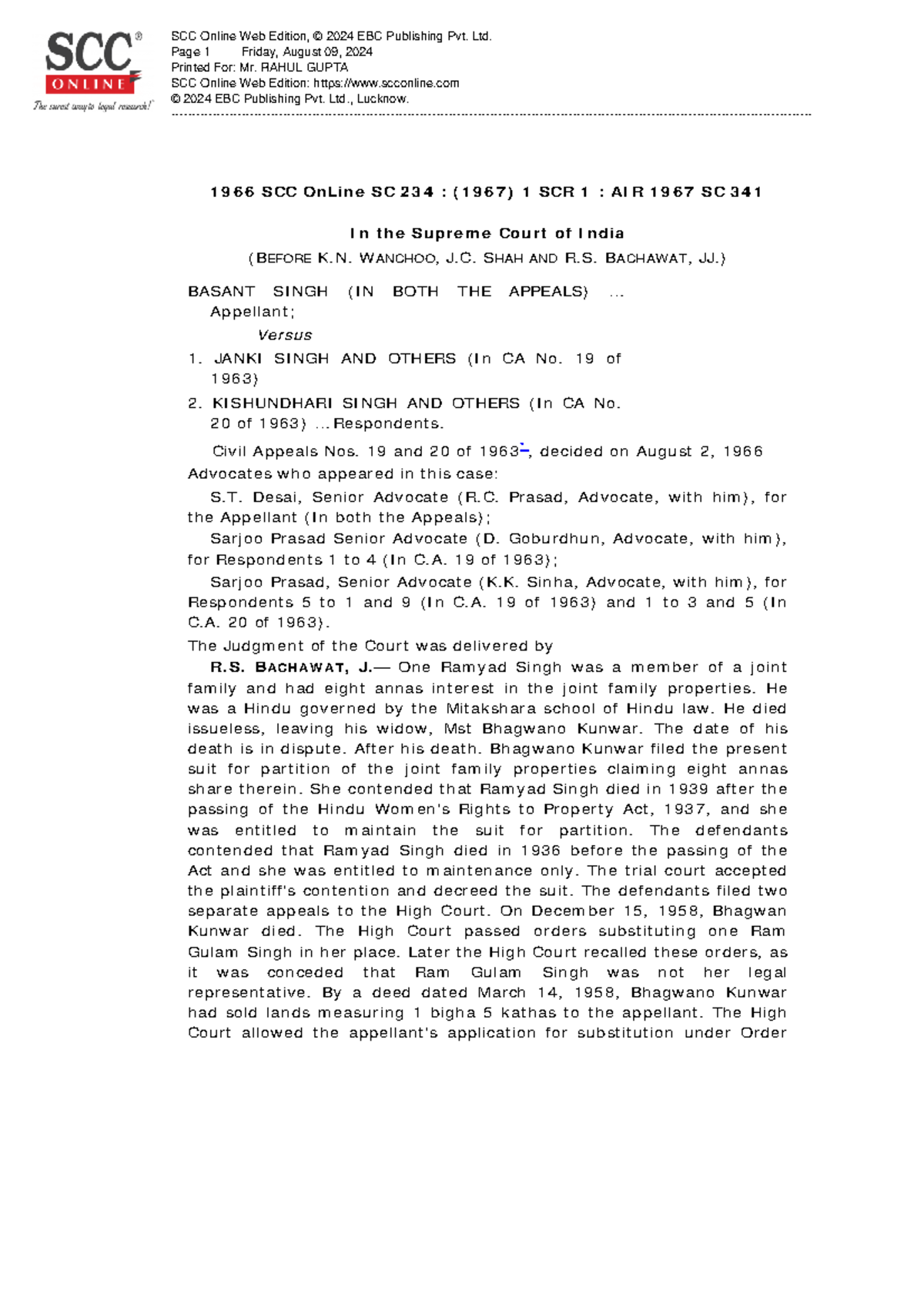 Basant Singh v. Janki Singh, 1966 SCC On Line SC 234 - 1966 SCC OnLine SC 234 : (1967) 1 SCR 1 ...