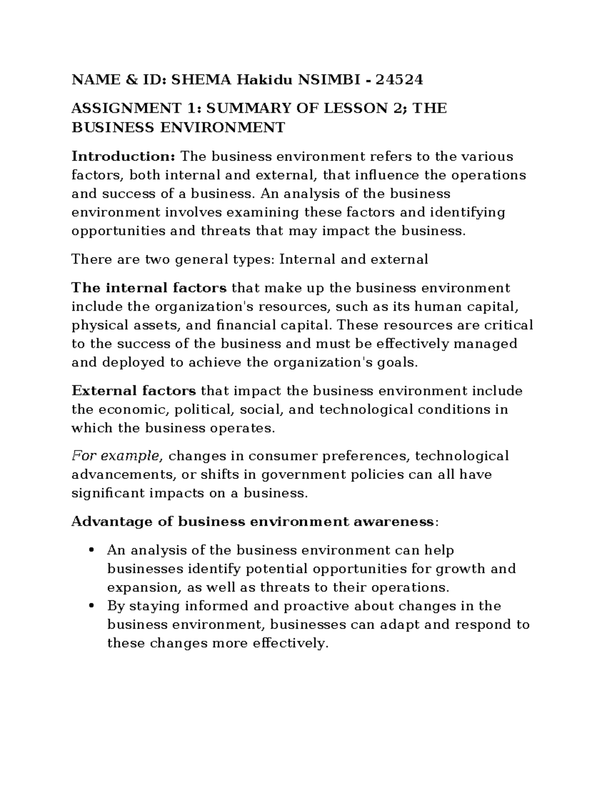 ENT Lesson 2 Summary - NAME & ID: SHEMA Hakidu NSIMBI - 24524 ...