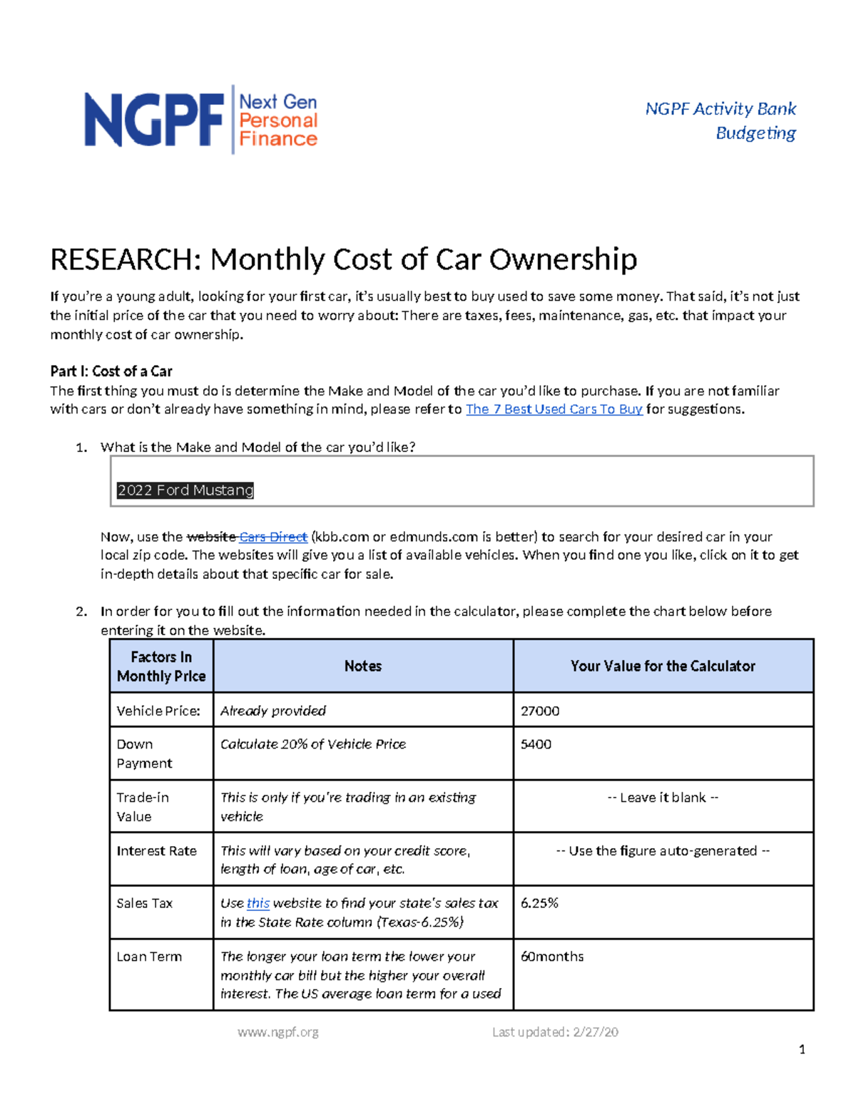 Research Monthly Cost of Car Ownership. cw - NGPF Activity Bank ...