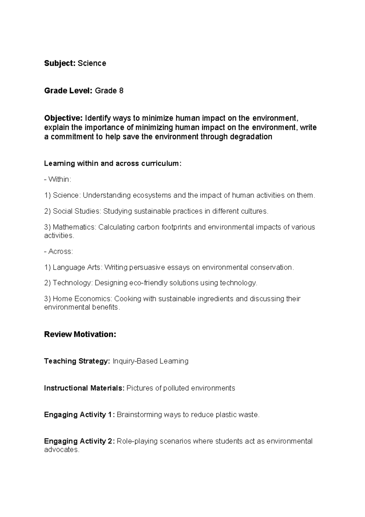 Lesson plan - Subject: Science Grade Level: Grade 8 Objective: Identify ...